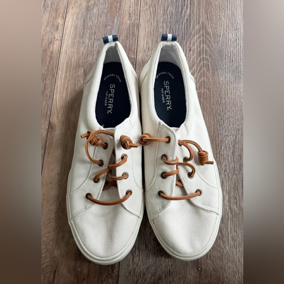 Sperry | Shoes | Sperry Topsider White Canvas Shoes With Brown Laces ...
